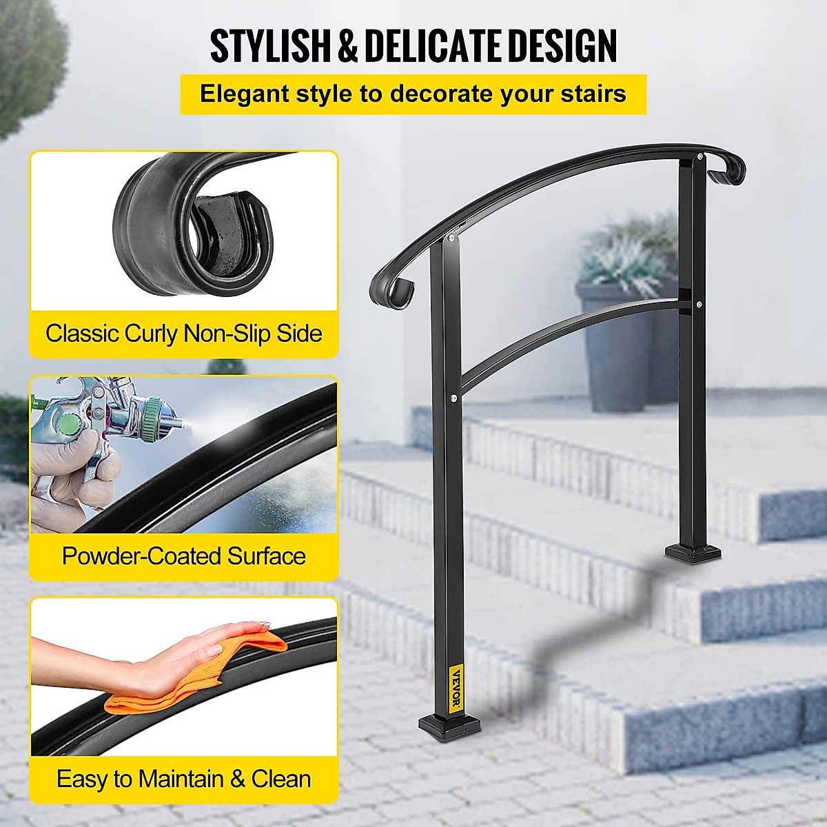 Happybuy 3-Step Transitional Handrail Fits 1 or 3 Steps Matte Stair Rail Wrought Iron Handrail with Installation Kit Hand Rails for Outdoor Steps (Unadjustable) (Black)