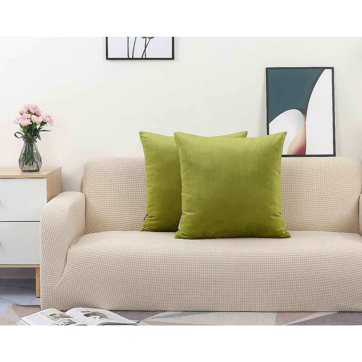 TangDepot Set of 2 Velvet Throw Pillow Covers, Super Soft, Euro Pillowcases - (24x24 Inch 2 Pieces, G01 Olive Green)