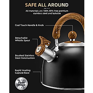 Tea Kettle Stovetop - HIHUOS 2.6QT Whistling Teapot with Removable Spout - Stainless Steel Tea Pots for Stove Top, 3-ply Composite Base, Fast Boiling Teakettle Work for All Heat Sources (Black)