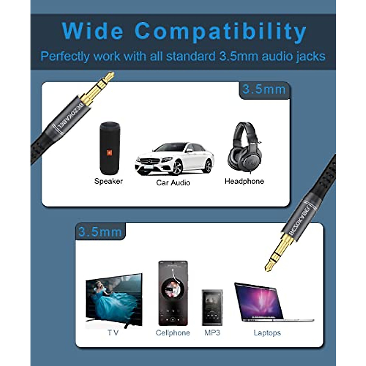 3.5mm Audio Cable, Audio Cable Male to Male 4ft, BEZOKABLE Nylon Braided Aux Cable Auxiliary Cable Hi-fi Sound for Car, Headphones, Home Stereos, Speakers, Tablets, iPhone iPad