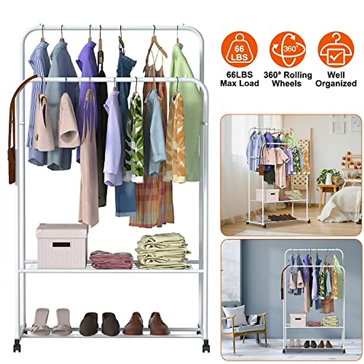 iMounTEK Garment Racks, Garment Hanging Rack Clothing Hanging Rail Pillow Shoe Display Organizer Stand Rolling Wheel Wardrobe Clothing Racks Clothes Organizer Shelves for Hanging Clothes for Bedroom