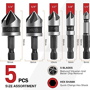 AIMLENTOOL 5 Pcs Countersink Drill Bit Set, 82 Degree 5 Flute High-Speed Steel Countersink Drill Bit with 1/4” Hex Shank, 1/4" to 3/4" Size for Machinable Metals, Wood, Carbon Steel, in Aluminum Case