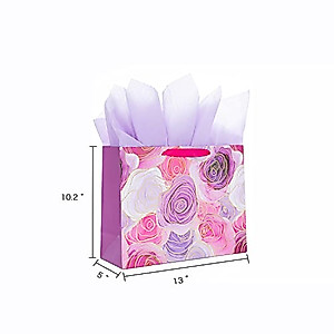 13" Large Gift Bag with Tissue Paper and greeting Card envelope for Women's Birthday, Bridal showers,Wedding gift (Purple Flower)