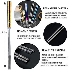 Metal Chopsticks With Case Stainless Steel Chopsticks Titanium Plated Reusable Chopstick lightweight Engraved Non-slip 18/10 Korean Japanese Chinese Chopstick,Dishwasher Safe 5 Pairs Set(BJ-Multi05)