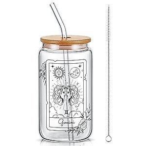 Uiifan 16 oz Zodiac Iced Coffee Glasses Beer Can Shaped Drinking Glasses Glass Cups with Lids and Straws Cleaning Brush Cute Drinking Jars Zodiac Gifts for Women Men Tea Soda (Gemini Style)