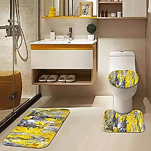 Abstract Yellow Bathroom Sets with Shower Curtain and Rugs and Accessories, Yellow Black and Gray Shower Curtain Sets, Modern Shower Curtains for Bathroom,Orange Bathroom Decor 4 Pcs