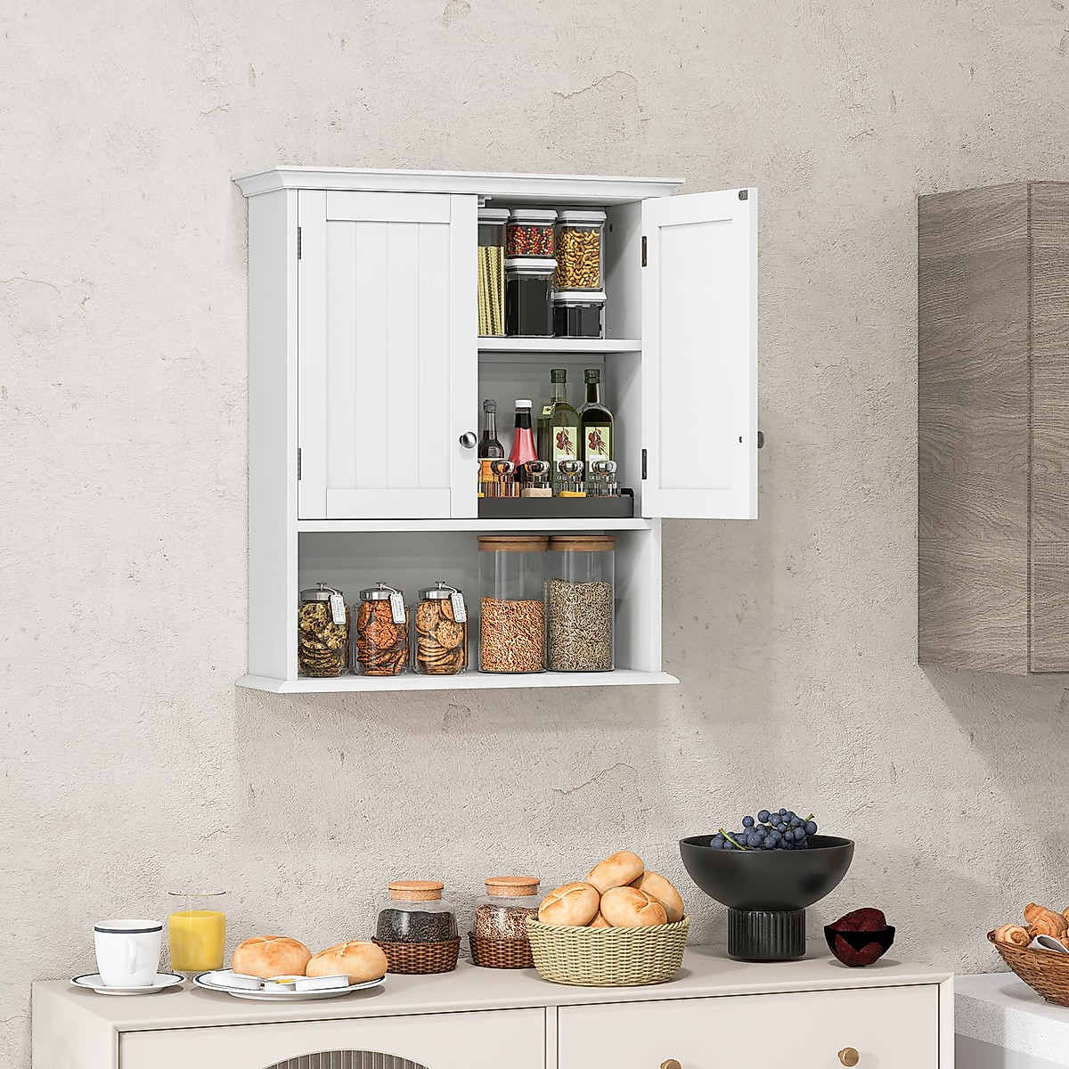 Giantex Wall Mounted Medicine Cabinets - Above Toilet Bathroom Cabinet with Adjustable Shelf, Open Shelf, Over The Toilet Space Saver Storage Cabinet for Laundry Room, Kitchen, Cupboard (White)