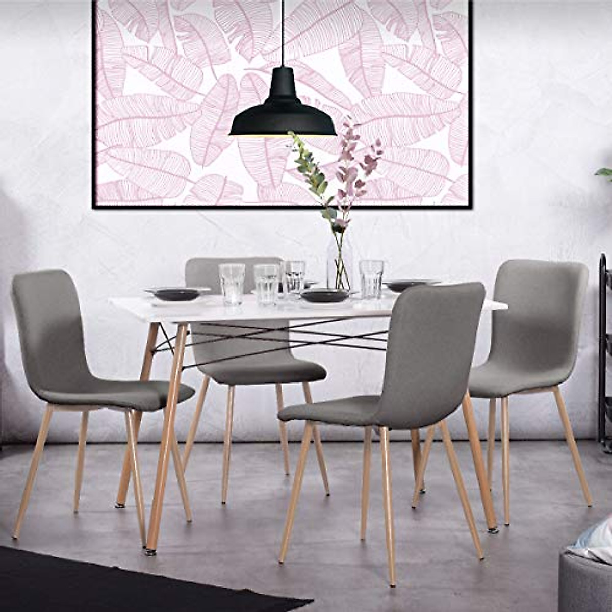 COZYCASA Dining Set 5 Piece 4 Chairs and 1 Table Scandinavian Modern Style Fabric Dining Kitchen Chair & Solid Wood Table Accent Set for Living Dining Room Club Guest Set for 4 Gray chair & White Desk