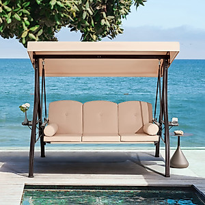 HOMREST 3 Seat Outdoor Porch Swing,Adjustable Canopy Porch Swings,Outdoor Swing with Stand, Patio Glider Chair with Thicken Cushions,Pillow & Cup Holder(Khaki)