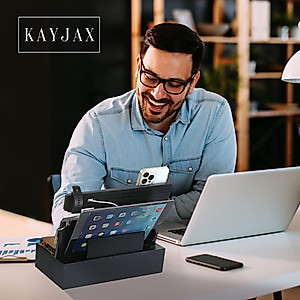 Kayjax Wood Phone Docking Station for Men & Women with Drawer - Mens Organizer Dad Husbands Anniversary Birthday Gifts Organizers Watch, Wallet, Keys, Cellphone