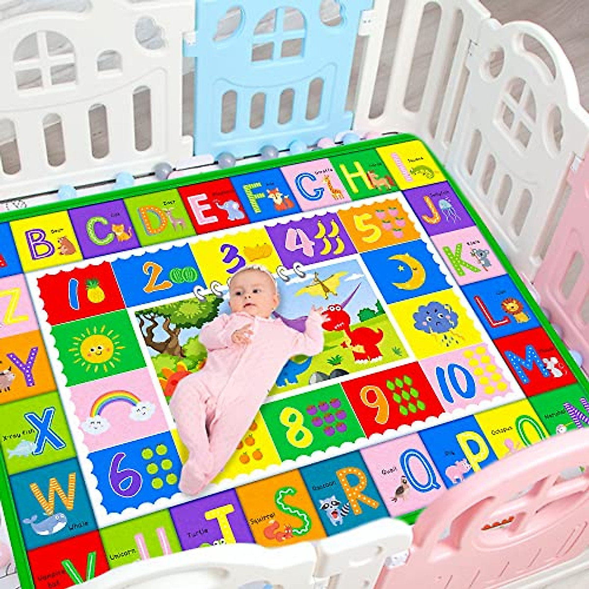 beetoy Baby Cotton Play Mat for Floor, Super Soft Extra Thick (0.6cm) Baby Mat, Foldable Non-Slip Baby Crawling Mat for Playing Area Rug Gym Large Padded Tummy Time Mat, ABC Playmat for Infant Toddler