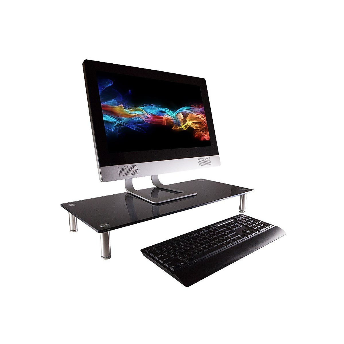 Monoprice Medium Multimedia Desktop Stand, Black Glass (27.6" x 12.2" x 3") - Stand & Riser, Laptop Stand, Desktop TV Stand, Dual Monitors w/ Height Adjustable Legs - Workstream Collection (116360), 25.6" x 11.0"