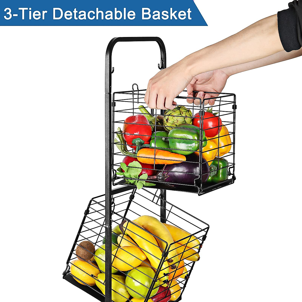 OYEAL 3 Tier Fruit Basket Tiered Market Basket Storage Stand for Kitchen Metal Wire Fruit and Vegetable Storage Basket Food Storage Chart with 4 Wheels
