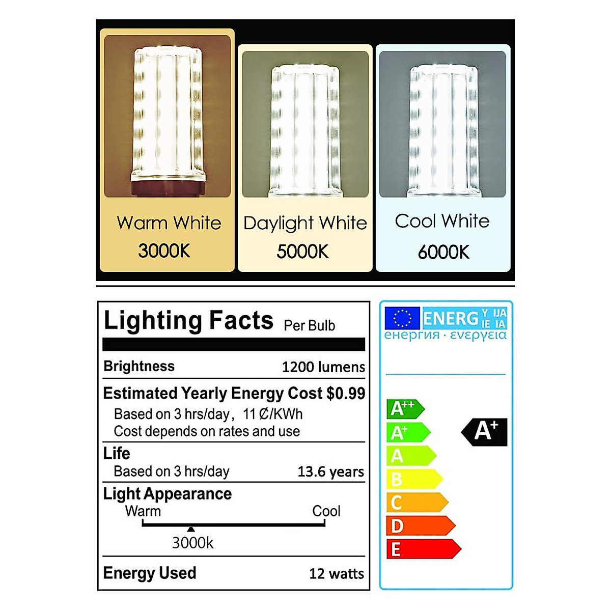 E12 LED Bulbs,12W LED Corn Light Bulb, E12 LED Bulb 100W Equivalent 1200 Lumen 3000K Warm White, Non-Dimmable LED Candelabra Light Bulbs, E12 Candelabra Base Chandelier Light Bulbs, Pack of 3
