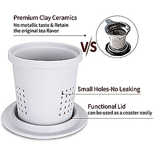 ENJOHOS Wooden handle Tea Mug Japanese Style Large Ceramic Tea Cup with Infuser and Lid, Fine Porcelain Infuser Mug for Work Life Gift (14 oz, Matte White)