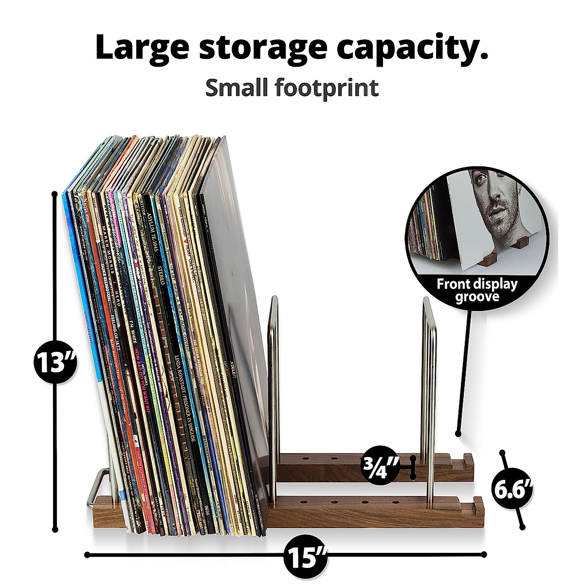 Durable Vinyl Record Storage Holder for 75 LPs, Solid Walnut Vinyl Record Stand with Built-in Now Playing Display, Sleek Vinyl Record Holder & Display for Albums