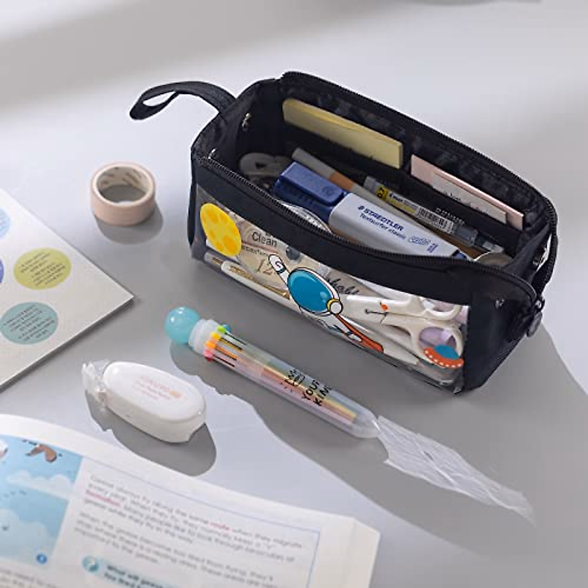 ANGOOBABY Cute Clear Pencil Case Portable Cosmetic Bag with Handle Durable Pen Pouch for Girl Boy Teen School - Black Astronaut