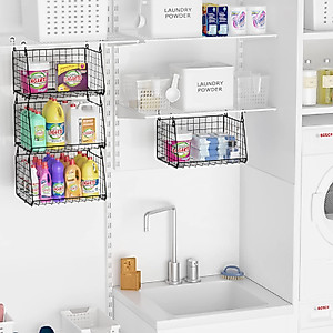 3-Pack Hanging Laundry Room Organizaton：Foldable Laundry Room Organizer Wire Shelf Basket with 360°Rotating Hooks Space Saving Over Washer and Dryer Shelves - Laundry Organization and Storage, Black