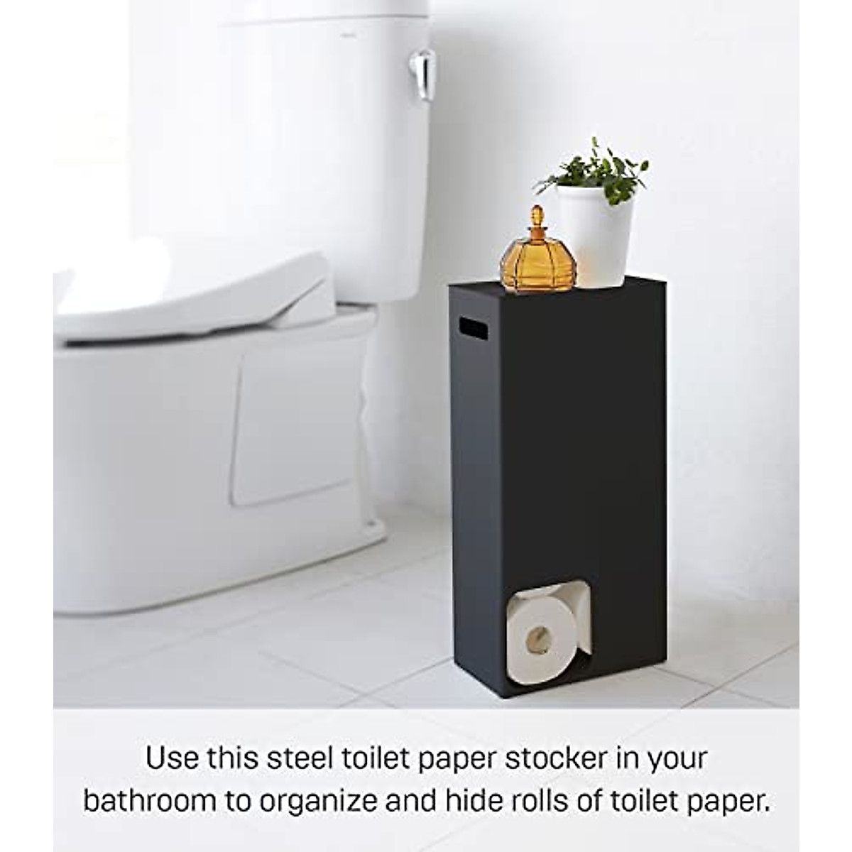 Yamazaki Home Bathroom Tissue Storage Stand | Steel | Toilet Paper Stocker, One Size, Black
