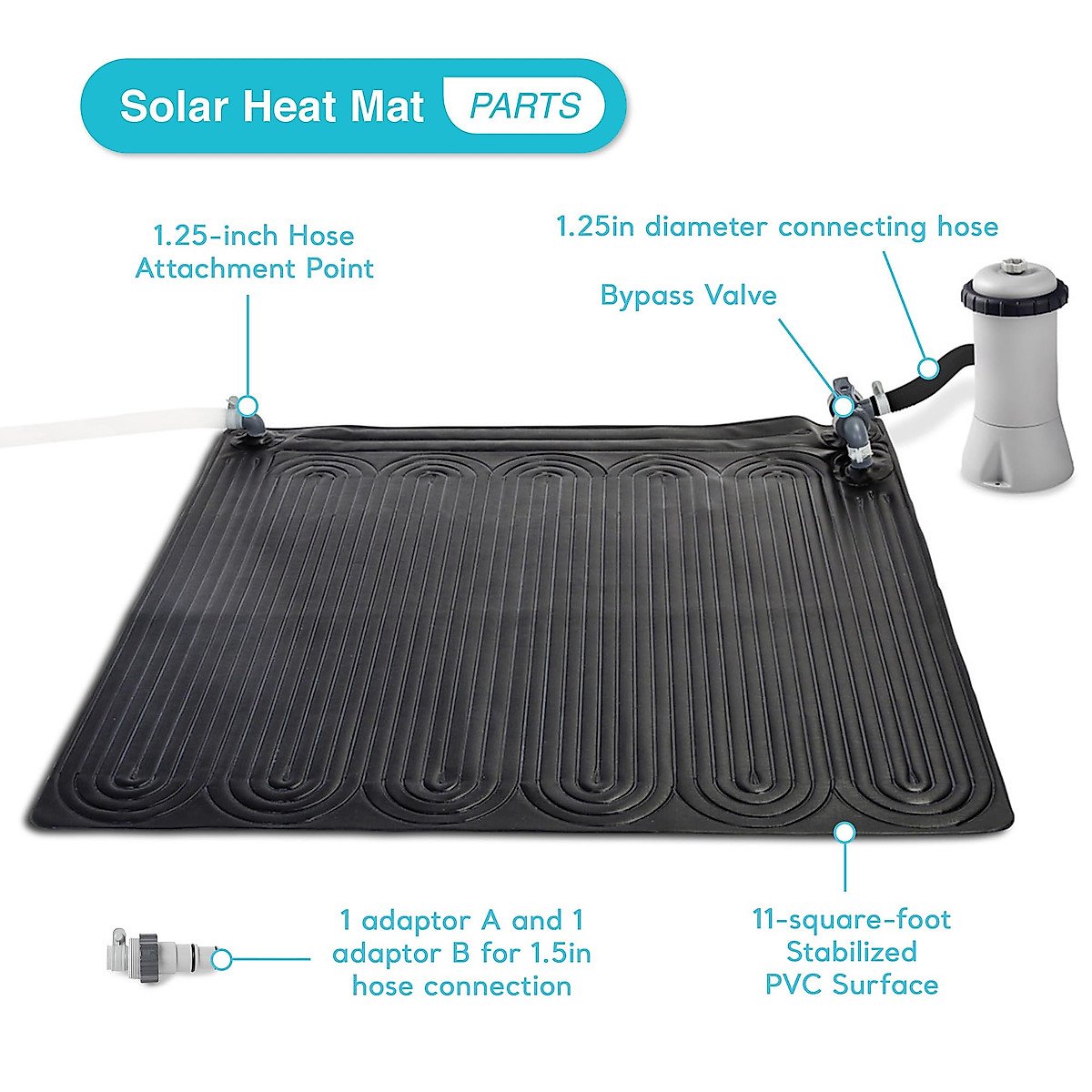 Intex 47'x47' Solar Pool Water Heater Mat for 8,000 Gallon Above Ground Swimming Pool with Hose Attachment 2 Adaptors and Bypass Valve, Black (3-Pack)