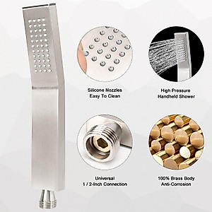 NearMoon Brass Hand Held Shower Head, Luxury High Pressure Showerhead Kit with Wall Connector and Hose Set, for Bathroom Showering System Contemporary Square Style (Brushed Nickel)
