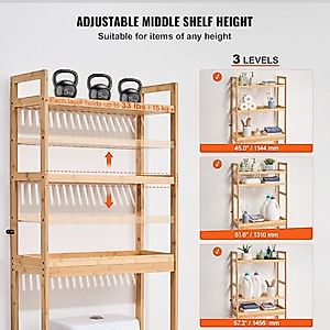 VEVOR Over The Toilet Storage, 3-Tier Adjustable Over Toilet Bathroom Organizer, Bamboo Storage Shelf Rack with 3 Hooks, Freestanding Easy Assembly Laundry Space Saver, Fit Most Toilets