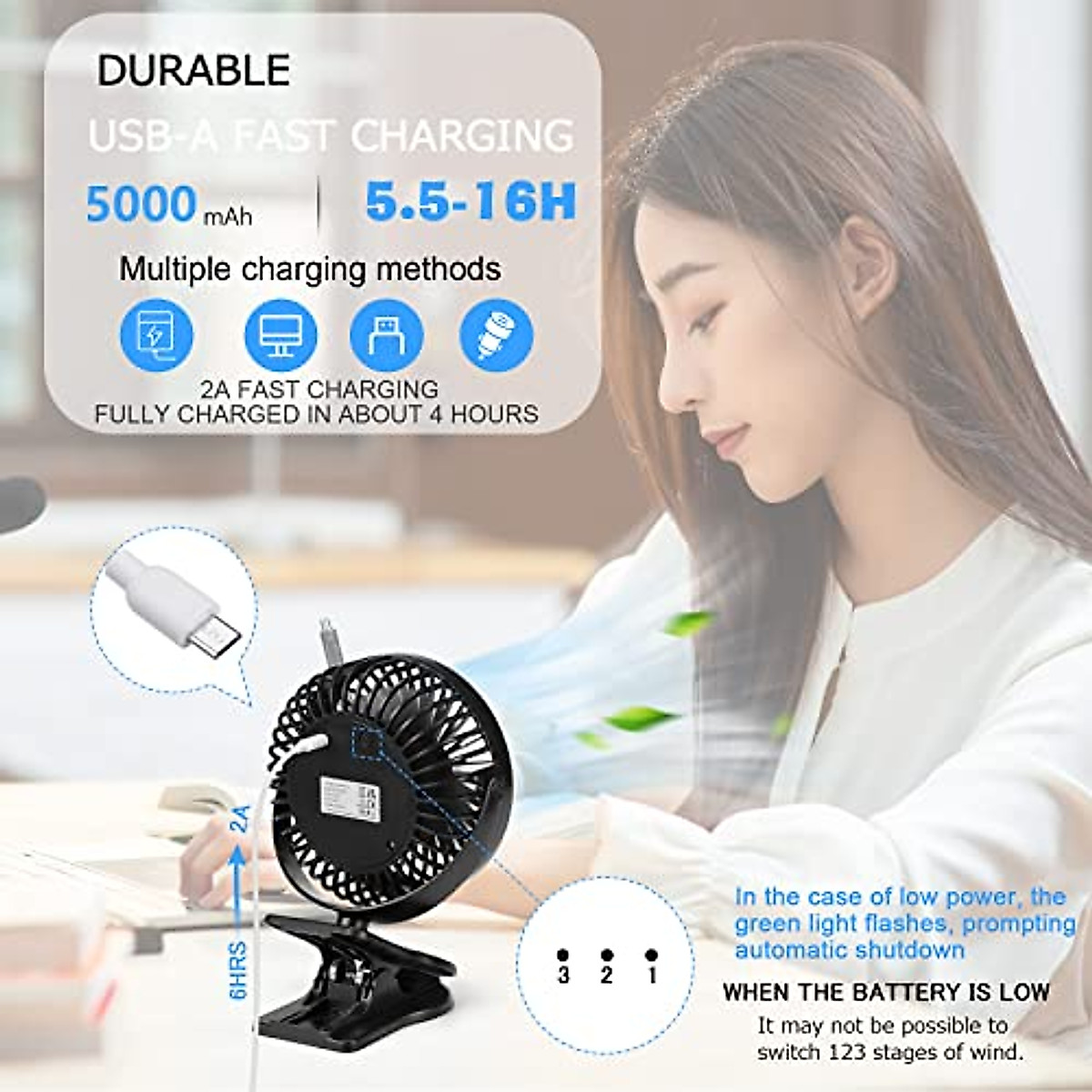 Clip Fan 5000mAh Rechargeable Battery Mini Fan with Clip on Fan Sturdy Clamp 3 Speeds Portable Tent Camping Fan Handheld Small Desk Desktop Table Fan for Travel Outdoor/Indoor Treadmill (Black)