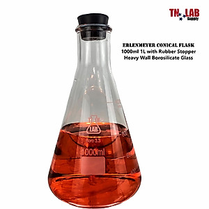 TN Lab Erlenmeyer Conical Borosilicate Glass Flask 1000ml 1L with Rubber Stopper