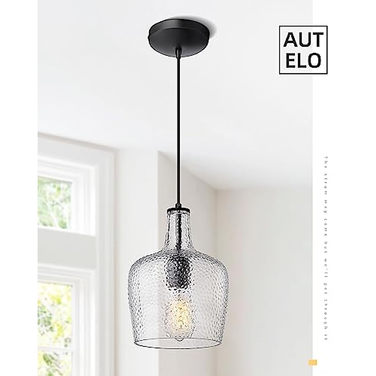 AUTELO Glass Pendant Light 8" Modern Pendant Lighting Hanging Lamps for Kitchen Island with Hammered Glass Shade Hanging Light Fixture H9163