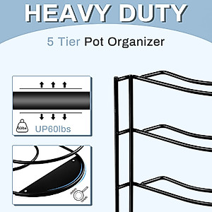 Almcmy Pan Organizer Rack,5 Tier Heavy Duty Pots and Pans Organizer,Pot Lid Organizer Rack for Kitchen Counter & Cabinet Storage and Organization,Send 3 PCS Silicone Cooking Spatulas&Cleaning Cloth