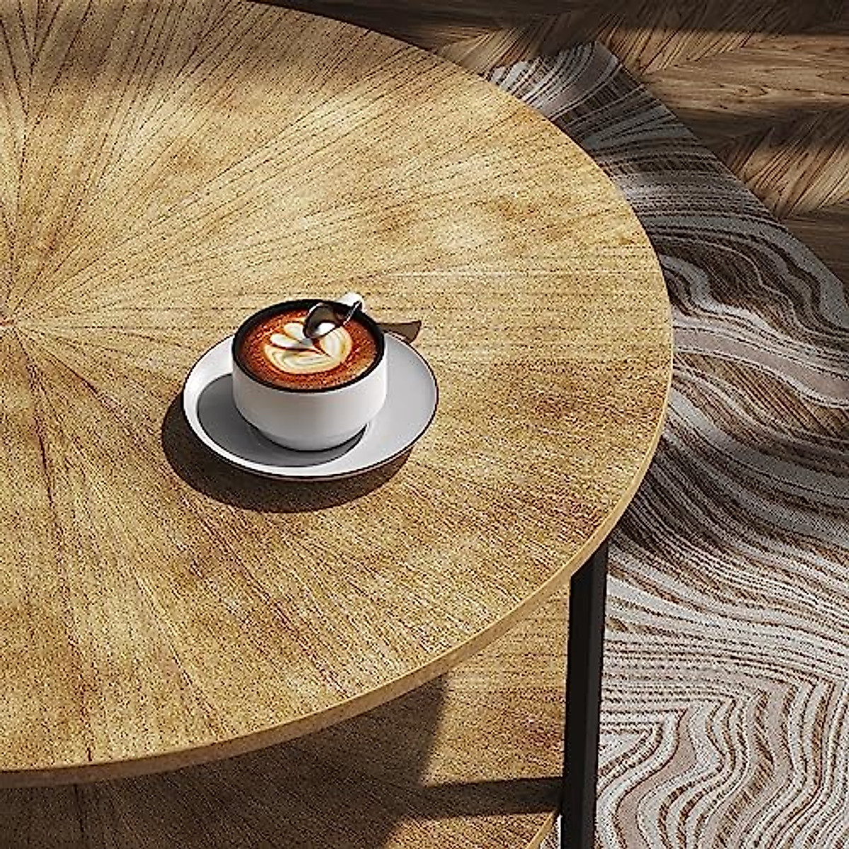 3imothrix Round Wood Coffee Table, Coffee Table with Storage Open Shelf, 31.49 inch 2 Tier Solid Wood Veneer Circle Coffee Table for Living Room (Coffee Table)