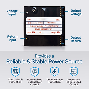 Telemetry - High-Efficiency DC-DC Isolated DC to DC Converter, 48V to 3.3V, 26A, Non-Latching, Overload Protection, High Reliability (2.8M Hours), Durable for Extreme Environments