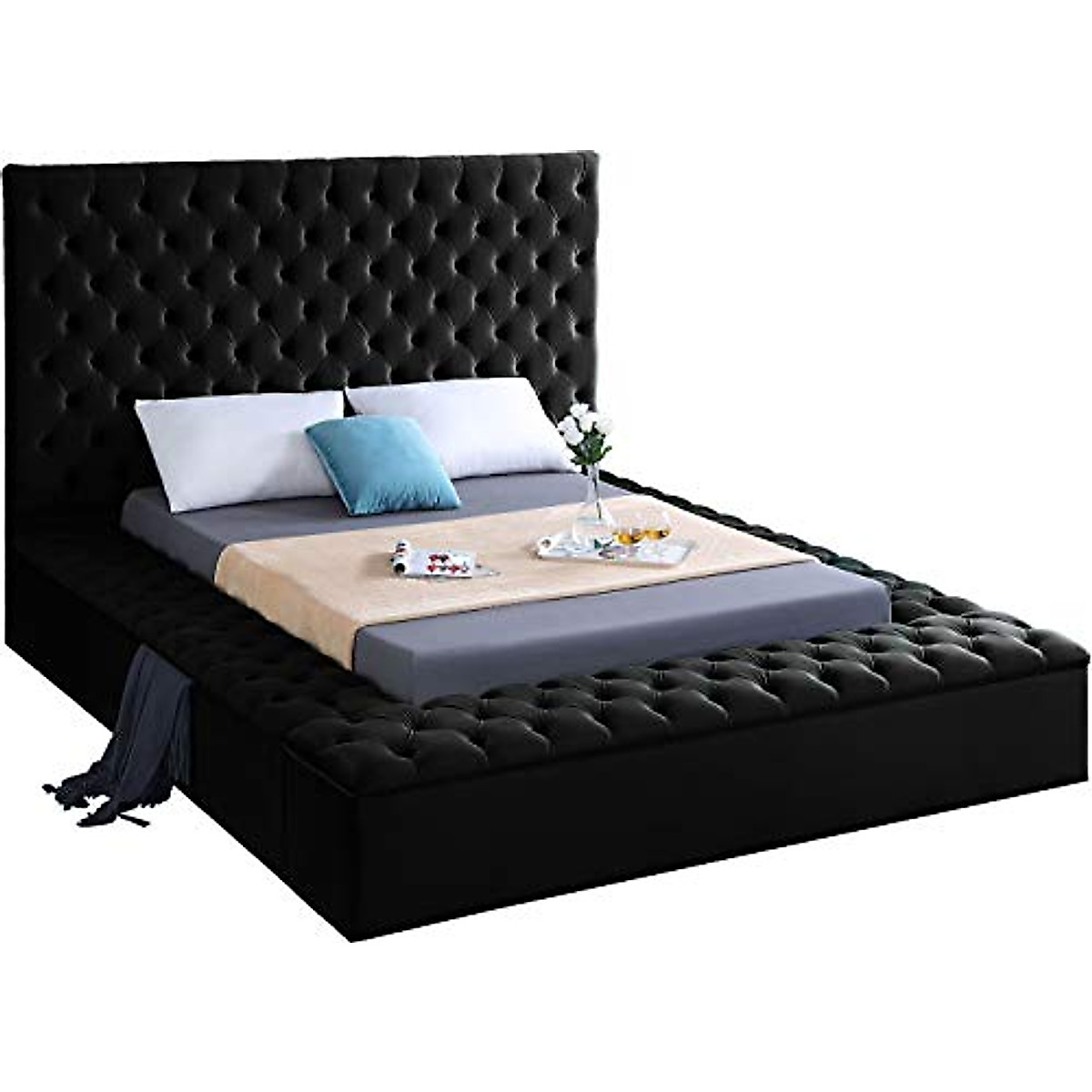 Meridian Furniture Bliss Collection Modern | Contemporary Velvet Upholstered Bed with Deep Button Tufting and Storage Compartments in Rails and Footboard, Black, Queen