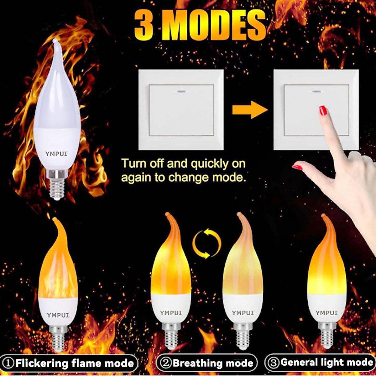 YMPUI E12 Candelabra LED Flame Light Bulbs, Christmas Light Bulbs, 3 Modes Flickering Fire Light Bulb, 2W 1700K, for Home Decoration, Party, Holiday, 2 Pack