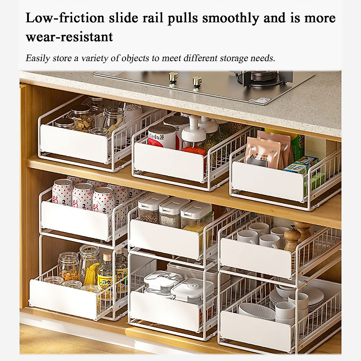 LEAYAN Under Sink Storage Storage Shelf for Bathroom Kitchen, Sliding Under Cabinet Organizer for Bathroom Kitchen Pull Out Drawer Under Cabinet Shelf Under Sink Rack Shelf, White 40.2x30x21.3cm