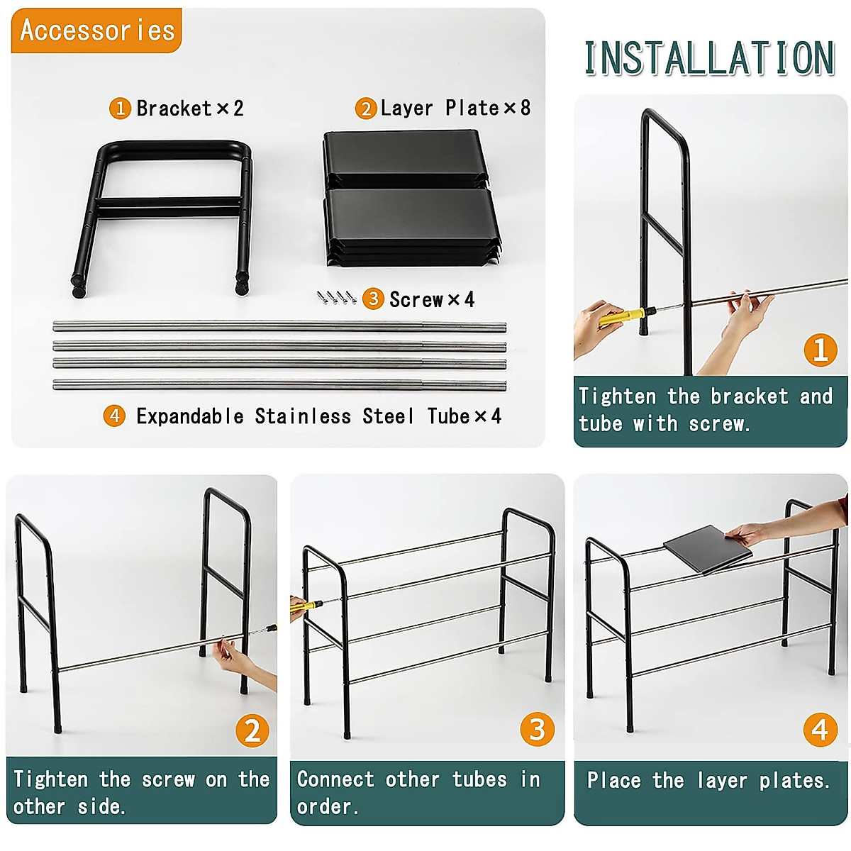Under Sink Cabinet Shelf Organizer, Expandable Metal Under Sink Rack Storage with 8 Removable Panels for Kitchen Bathroom, 2 Tiers, White