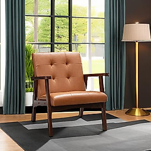 Bonzy Home Mid Century Modern Accent Chair for Living Room, Upholstered Faux Leather Armchair Comfy Retro Bedroom Side Chair with Solid Wood Frame, Orange