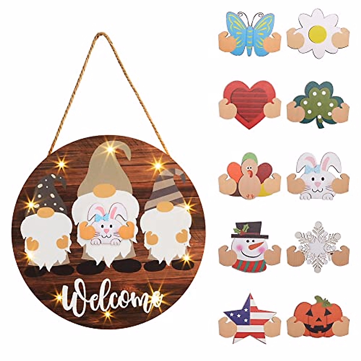 Interchangeable Seasonal Gnome Welcome Sign for Front Door Decor Rustic Wooden Welcome Sign with 10 LED Lights,12 Inches Modern Farmhouse Wall Home Sign for Holiday Halloween Thanksgiving Christmas
