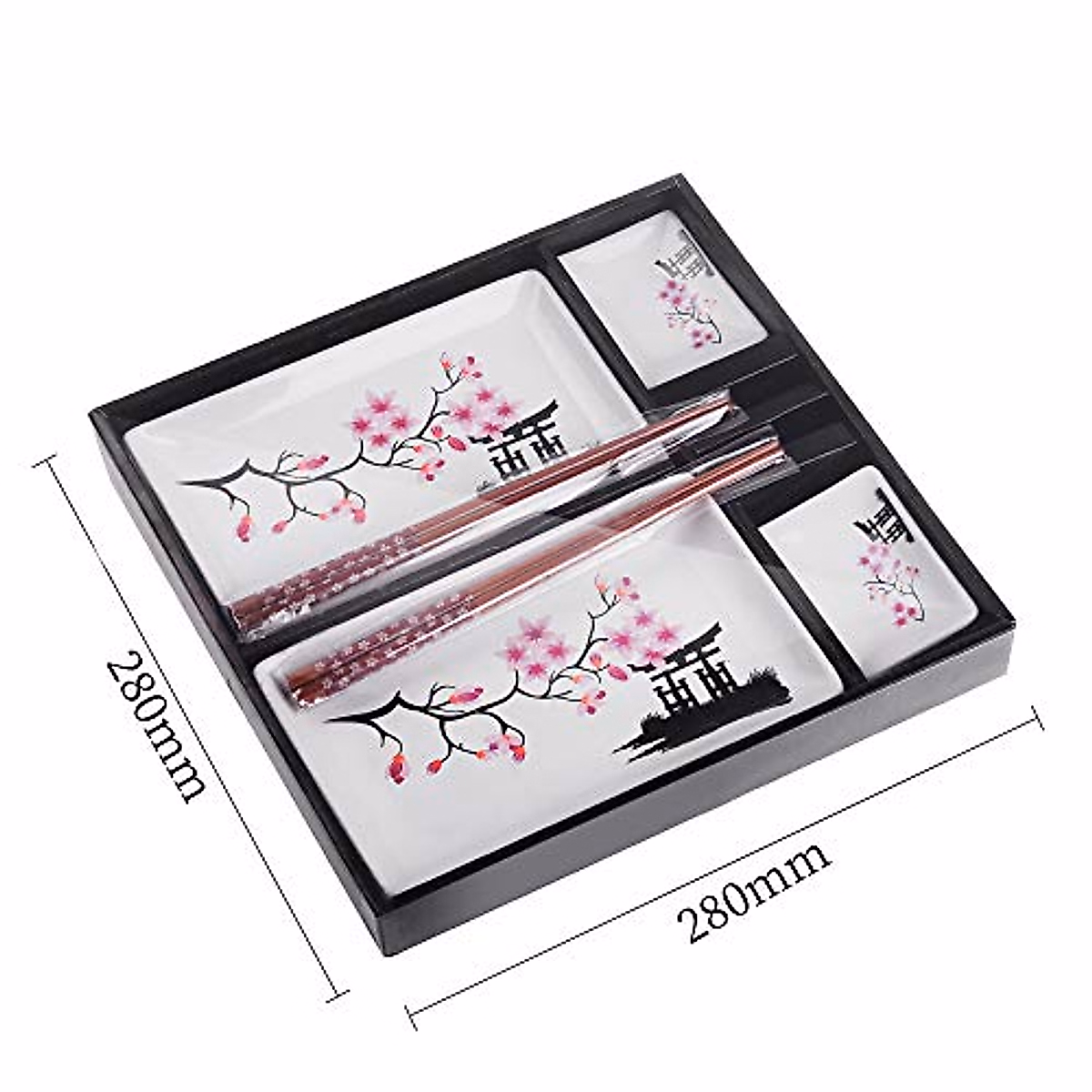 Panbado 8 pcs Sushi Plate Set, Porcelain Sushi Sets Japanese Style, Gift Box Include 2 X Sushi Plates(240 ml), 2 X Dip Bowls(60 ml), 2 X Chopstick Rest, 2 Pairs of Bamboo Chopsticks