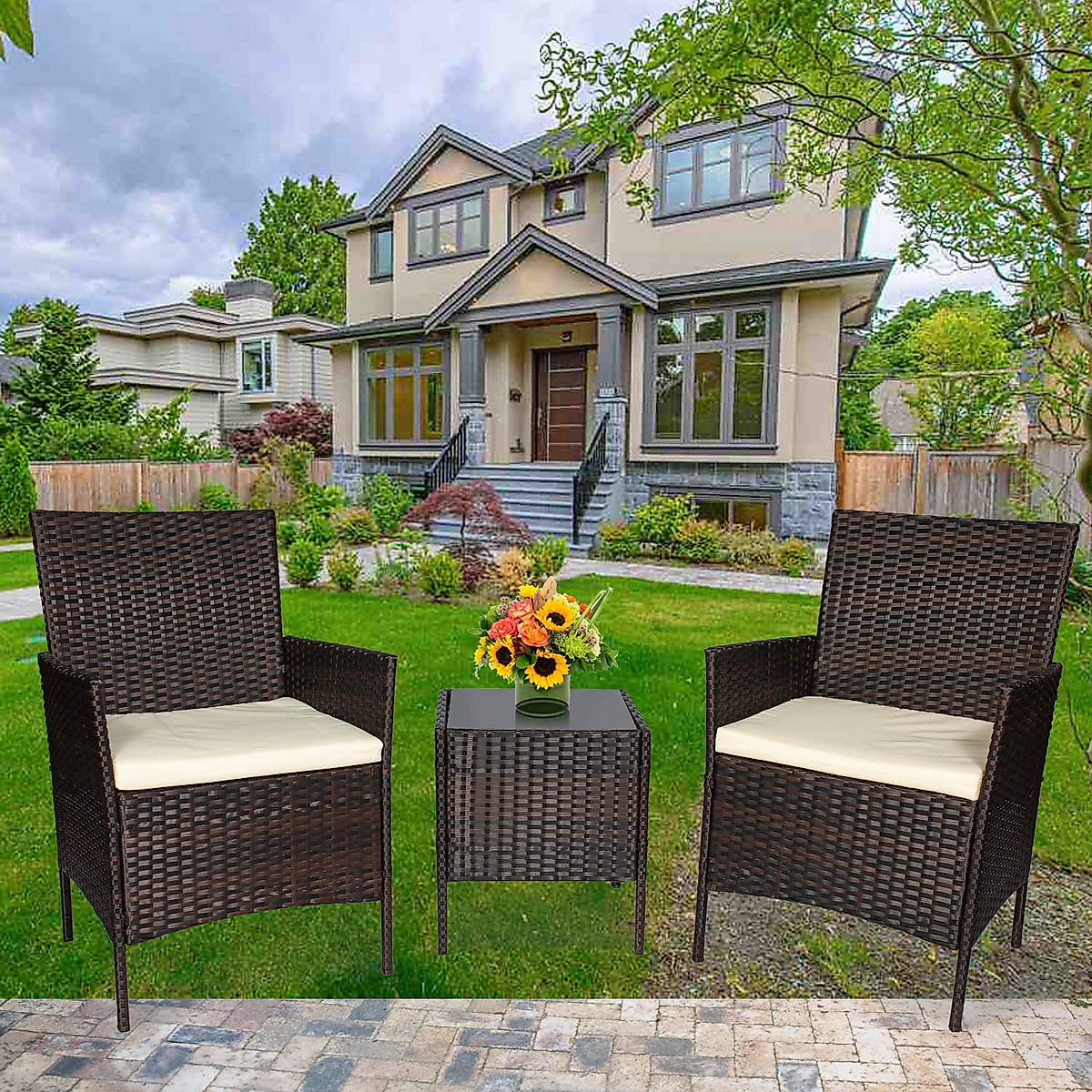 3PCS Outdoor Patio Furniture Set PE Wicker Rattan Chairs and Table Sofa Seats Conversation Set with Washable Cushion (Brown Beige)