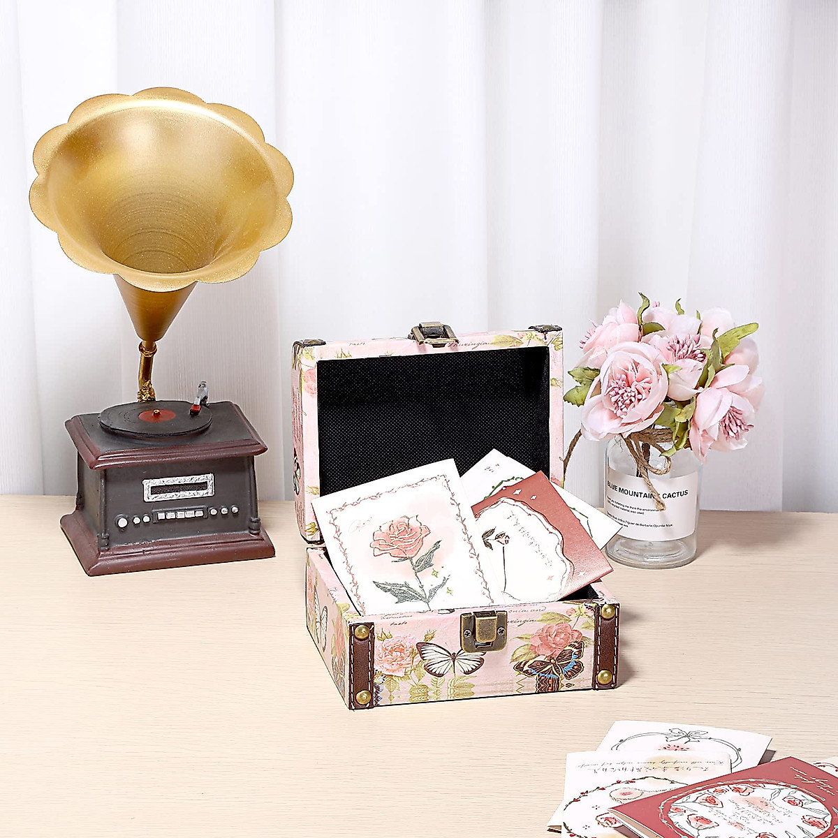 ELLDOO Decorative Treasure Chest Box, Wooden + PU Leather Storage Box for Jewelry Trinkets, Keepsakes box for Girls Women Gifts (Butterfly Pattern, Small)