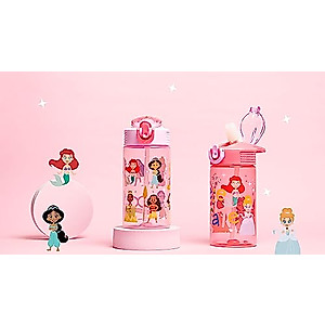 Zak Designs Kids Water Bottle For School or Travel, 16oz 2-Pack Durable Plastic Water Bottle With Straw, Handle, and Leak-Proof, Pop-Up Spout Cover (Disney 100 Princess, Limited Edition)