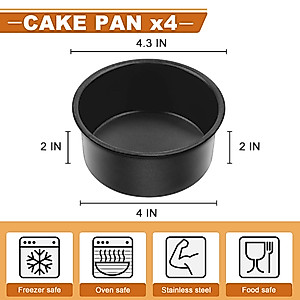 E-far 4 Inch Cake Pan, 4-Piece Nonstick Round Cake Baking Pans for Wedding, Birthday, Layer Cake, Stainless Steel Core & Non-Toxic Coating, 2 Inch Deep