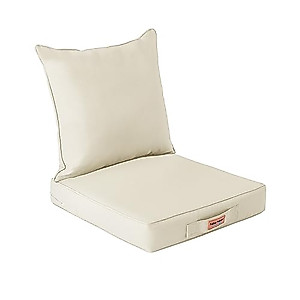 Faible Poisson Outdoor Chair Cushions, 18 x 18 Inch Waterproof Patio Furniture Back & Deep Seat Cushion Set with Handle and Anti-Slip Straps for Indoor Garden Camping, Plain Beige