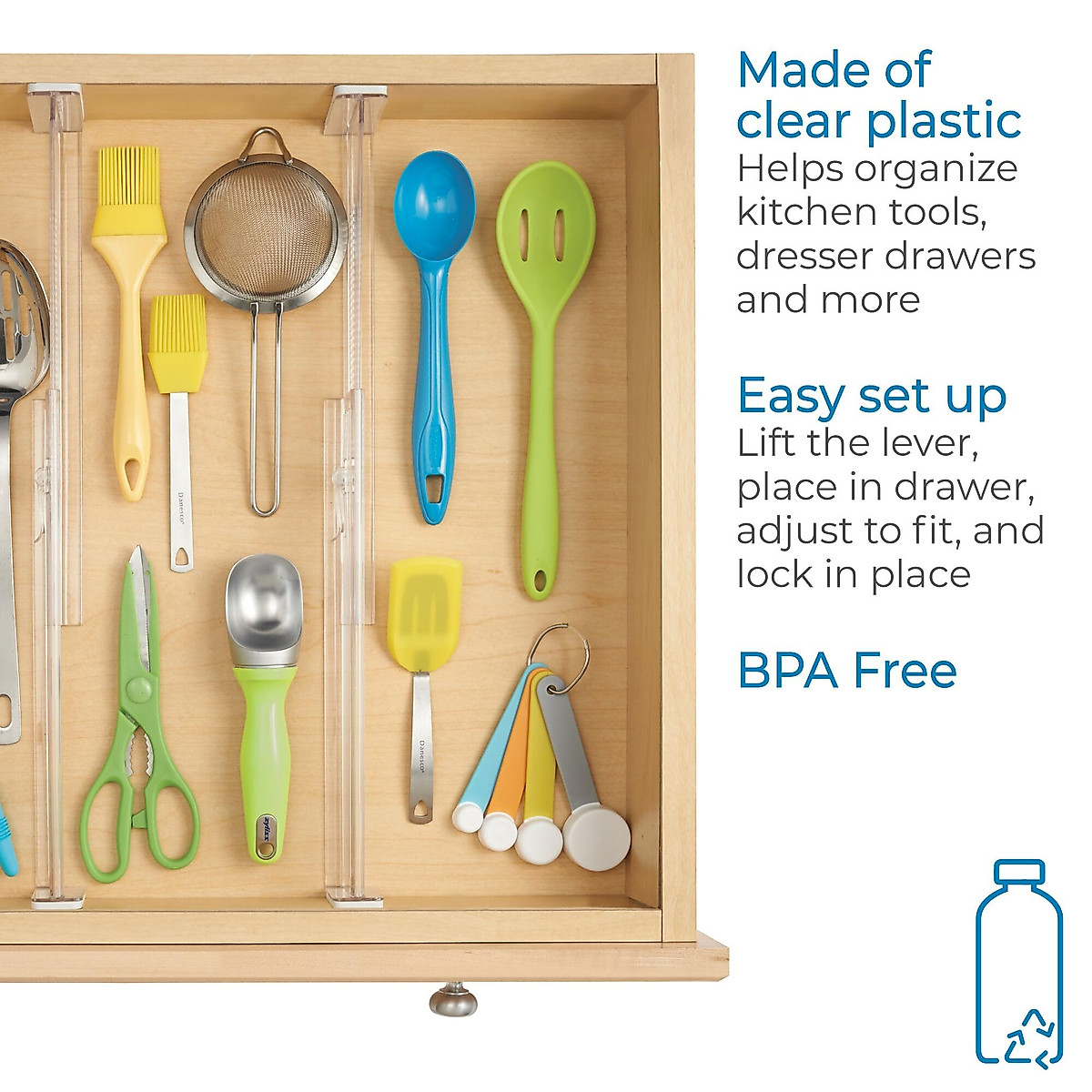 iDesign Plastic Adjustable Deep Drawer Divider, Kitchen, Dresser, Desk, Bathroom and More, The Linus Collection – Set of 4, Expandable 13.25” – 20.75”, Clear