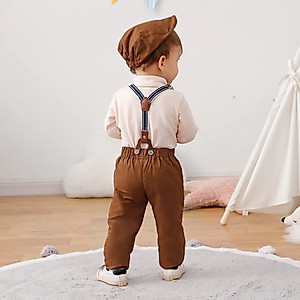YUEMION Baby Boy Clothes Set Infant Tuxedo Long Sleeve Gentleman Suit Outfits + Beret Hat + Suspender Pants + Bowtie(L Beige - long sleeve, 6-12 Months)