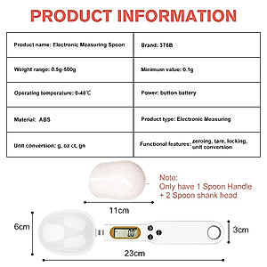 3T6B Digital Spoon Scale Electronic Measuring Spoon with 2 Replaceable Spoons, Food Coffee Weigh Scale High Precision for Home 500/0.1g, Digital Food Spoon Scale, Kitchen Scales with LCD Display