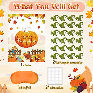 Faccito Thanksgiving Party Games Pin The Stem on The Pumpkin with Blindfold Thanksgiving Gift and Activities Fall Autumn Harvest Pumpkin Pin Game Turkey Poster Thanksgiving Party Supplies