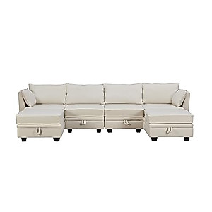 WILLIAMSPACE 115" Sectional Sofa for Living Room, Modern U-Shape Modular Sofa with Storage, 6 Seat Convertible Sofa Couch with Reversible Chaise - Beige