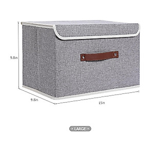 Lucky Monet Collapsible Storage Bins with Lids & PU Leather Handles - PP Plastic Board Washable Linen Fabric Storage Box, Foldable Storage Cubes for Organizing Home Bedroom Closet Office (Large, Gray)